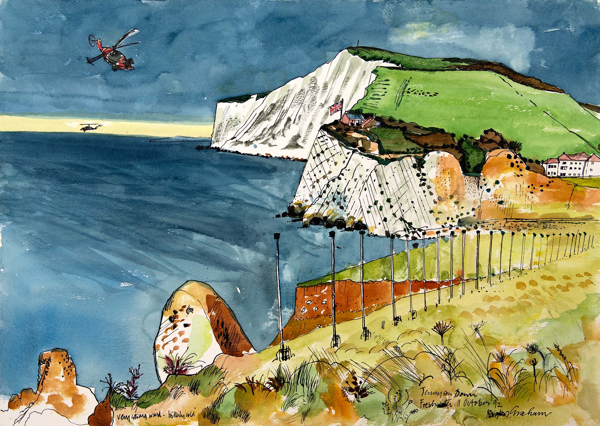 Rigby Graham Tennyson Down, Freshwater Bay with Helicopter – Goldmark
